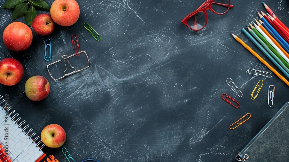 Back to school background with assorted school supplies on a white ...