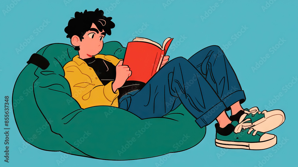 side view Gen-Z boy reading a book with red cover while sitting on a ...