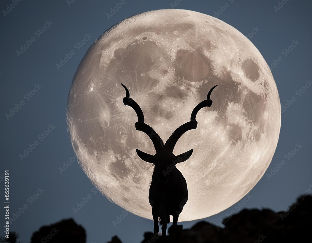 Silhouette of goat with long horns is on top of mountain, big full moon ...