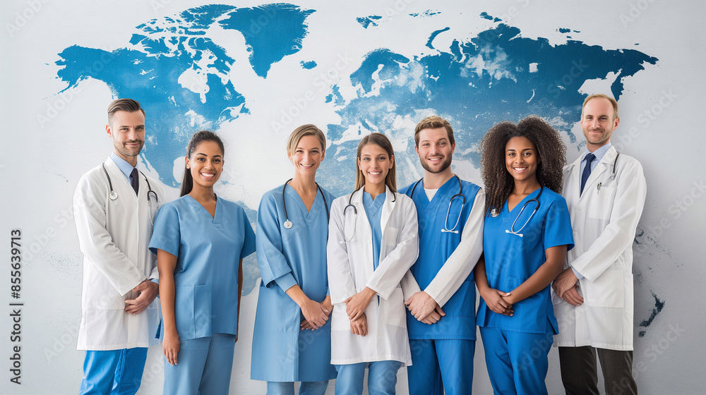 Global Healthcare Team: A diverse group of doctors and nurses stands ...
