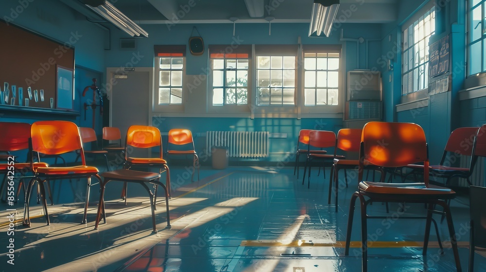 Bright classroom with all chairs facing forward in modern school ...