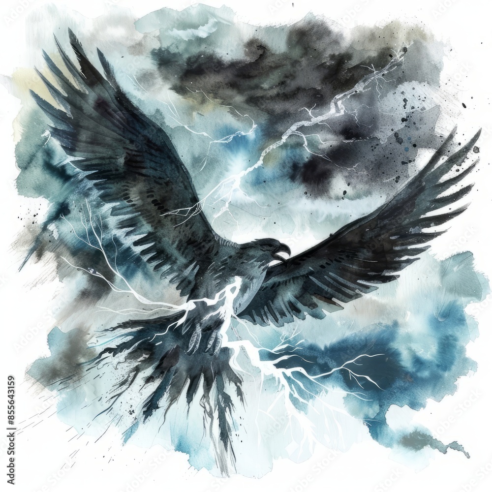 Watercolor painting of a majestic thunderbird soaring through storm ...