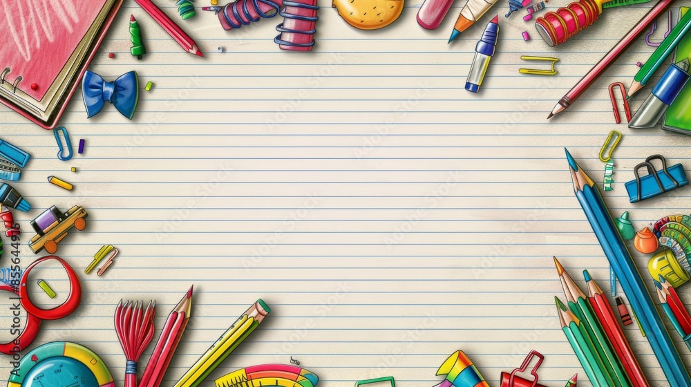 Colorful school supplies double border featuring pencils, crayons ...