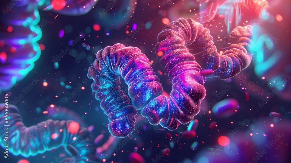 Colorful microscopic view of DNA strands with vibrant lighting ...
