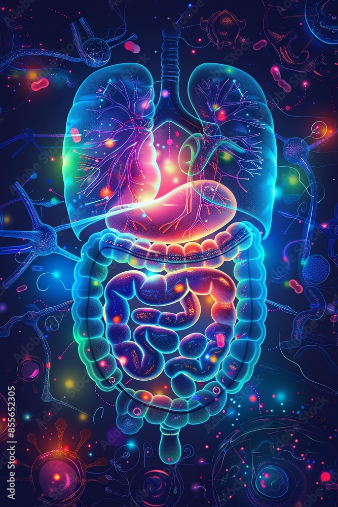 Colorful digital illustration of human digestive system organs ...