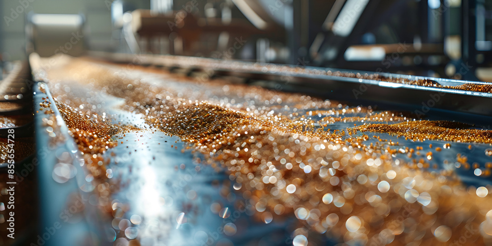 A close-up view of a modern food manufacturing process with golden ...