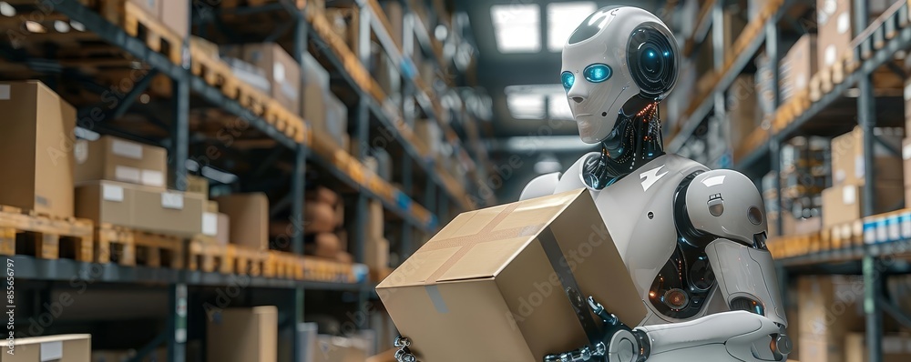 Artificial intelligence robot with blue eyes holding a cardboard box in ...