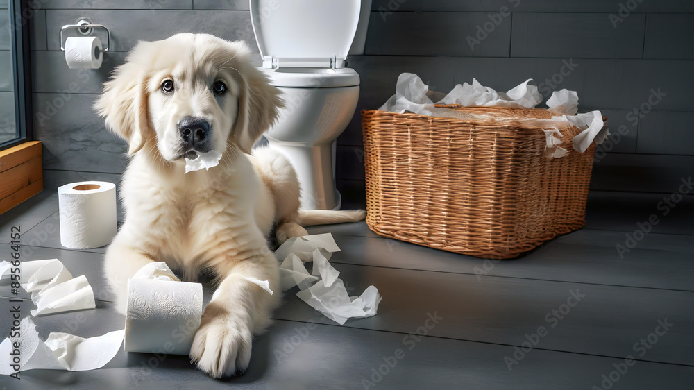 Funny, mischievous Golden Retriever puppy dog chewing toilet paper in ...