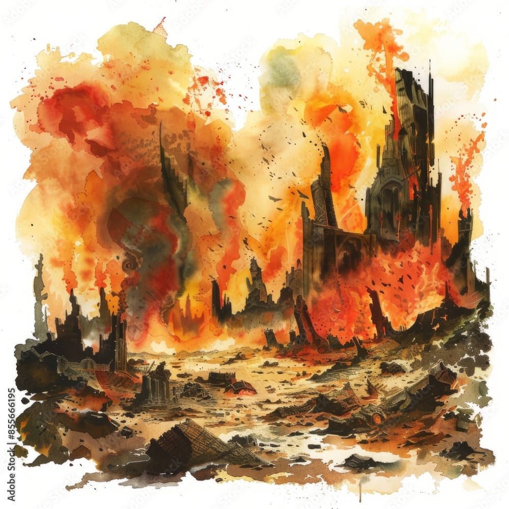 Watercolor painting of a fiery inferno in a fantasy landscape, with ...