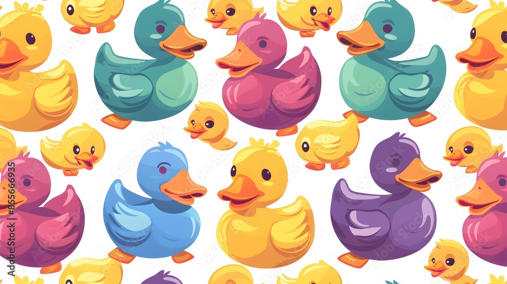 Cheerful seamless pattern of smiling ducks in a colorful clip art style ...