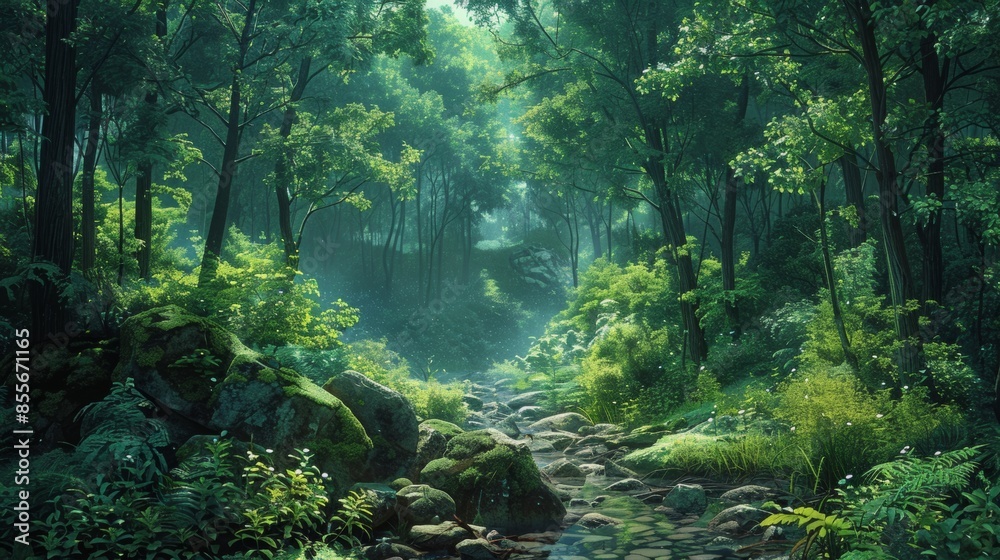 Digital artwork featuring a lush forest scene against a backdrop of ...