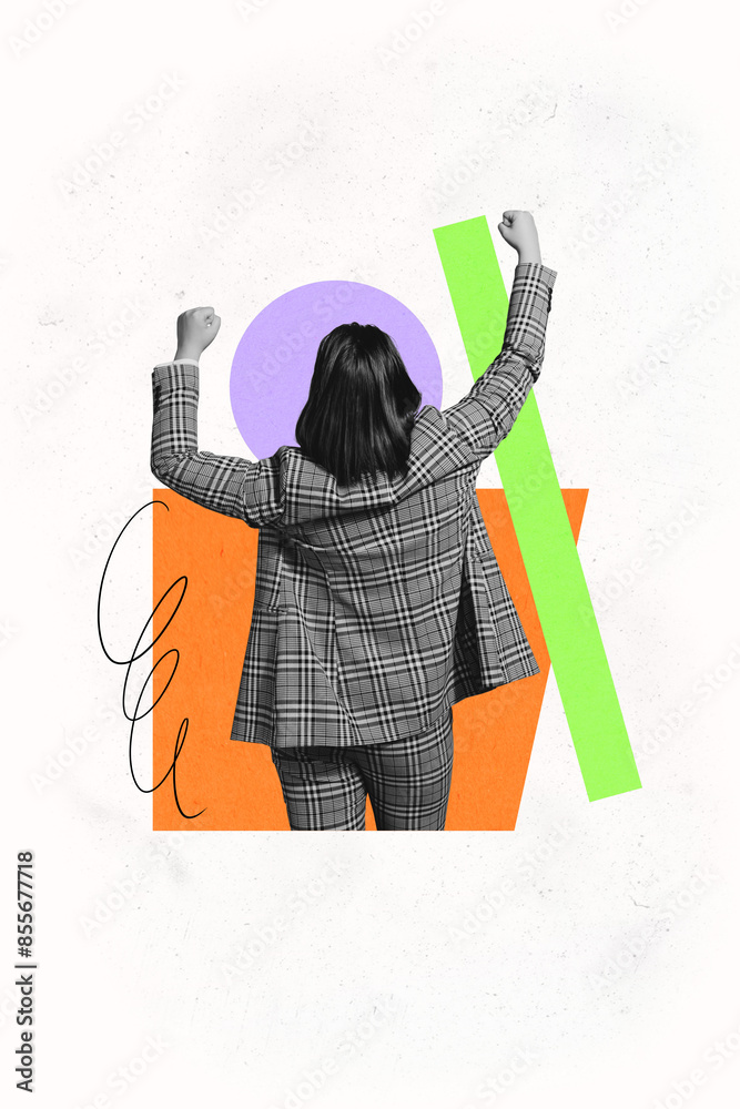 Vertical poster collage young woman raise hands celebrate victory ...