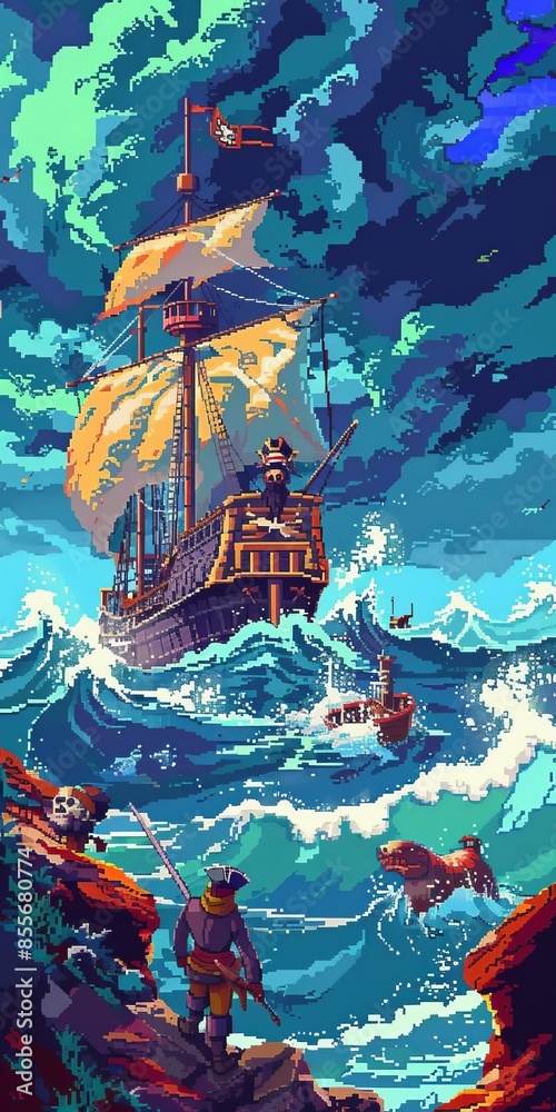8bit pirate, high seas, pixel art style, vibrant colors, isometric ...