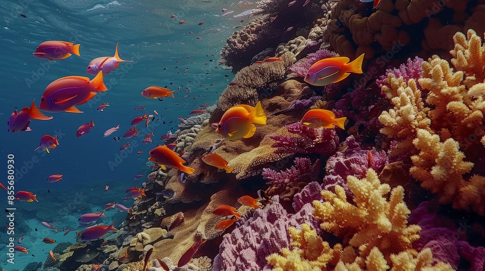 School of anthias fish swimming gracefully over vibrant coral reef in clear tropical waters ...