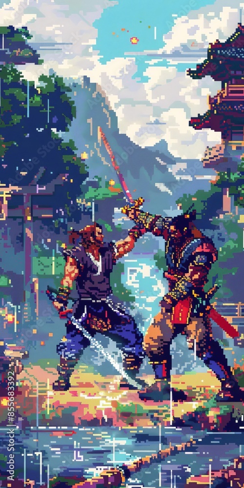 Pixel warrior, arena battle, 8bit art style, vibrant colors ...