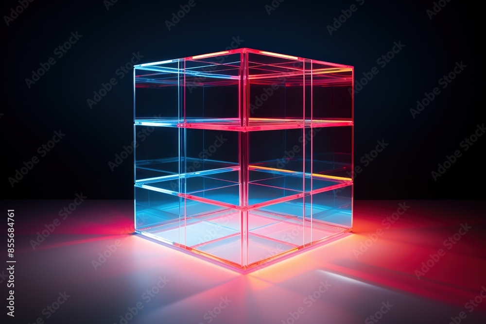 A glass cube illuminated by red and blue neon lights casts vibrant ...