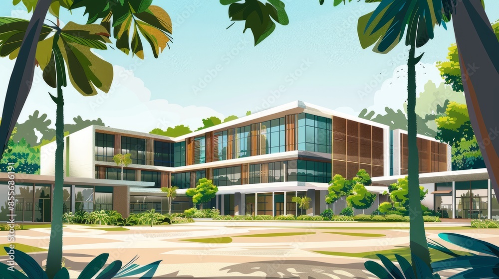 Modern architectural illustration of a sustainable school campus with ...