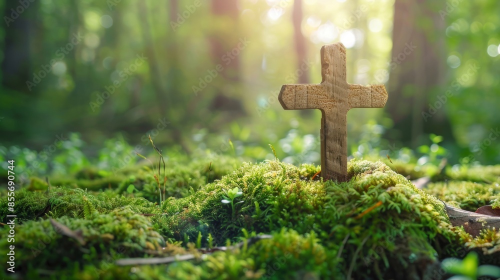 Forest dig cemetery, funeral background - Wooden cross on moss. Natural ...