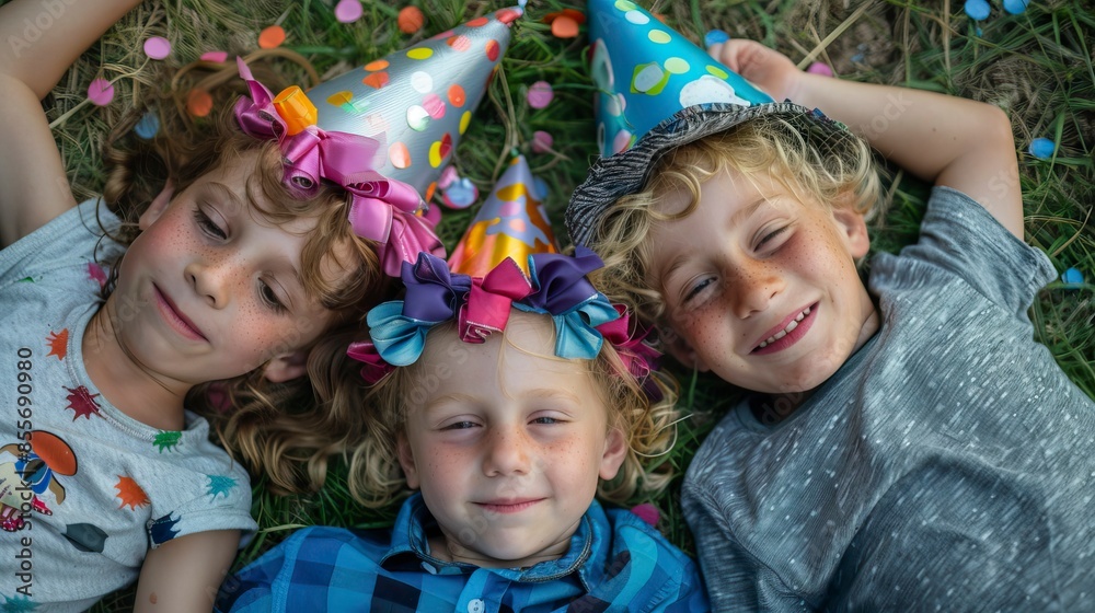 three children at the Birthday party, lying down,tres niños en la ...