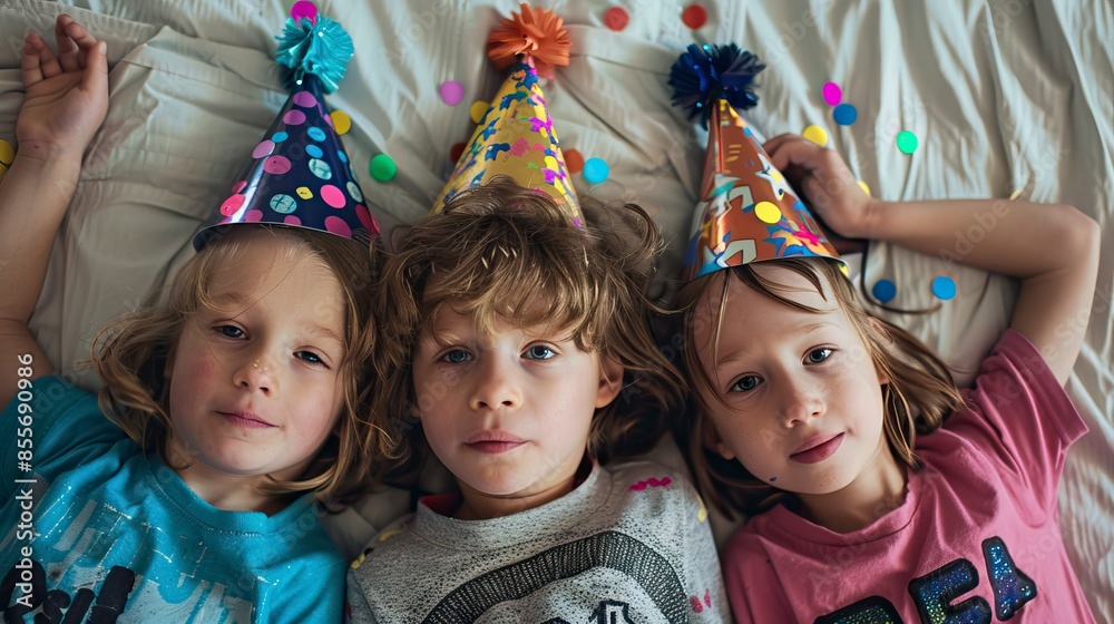 three children at the Birthday party, lying down,tres niños en la ...