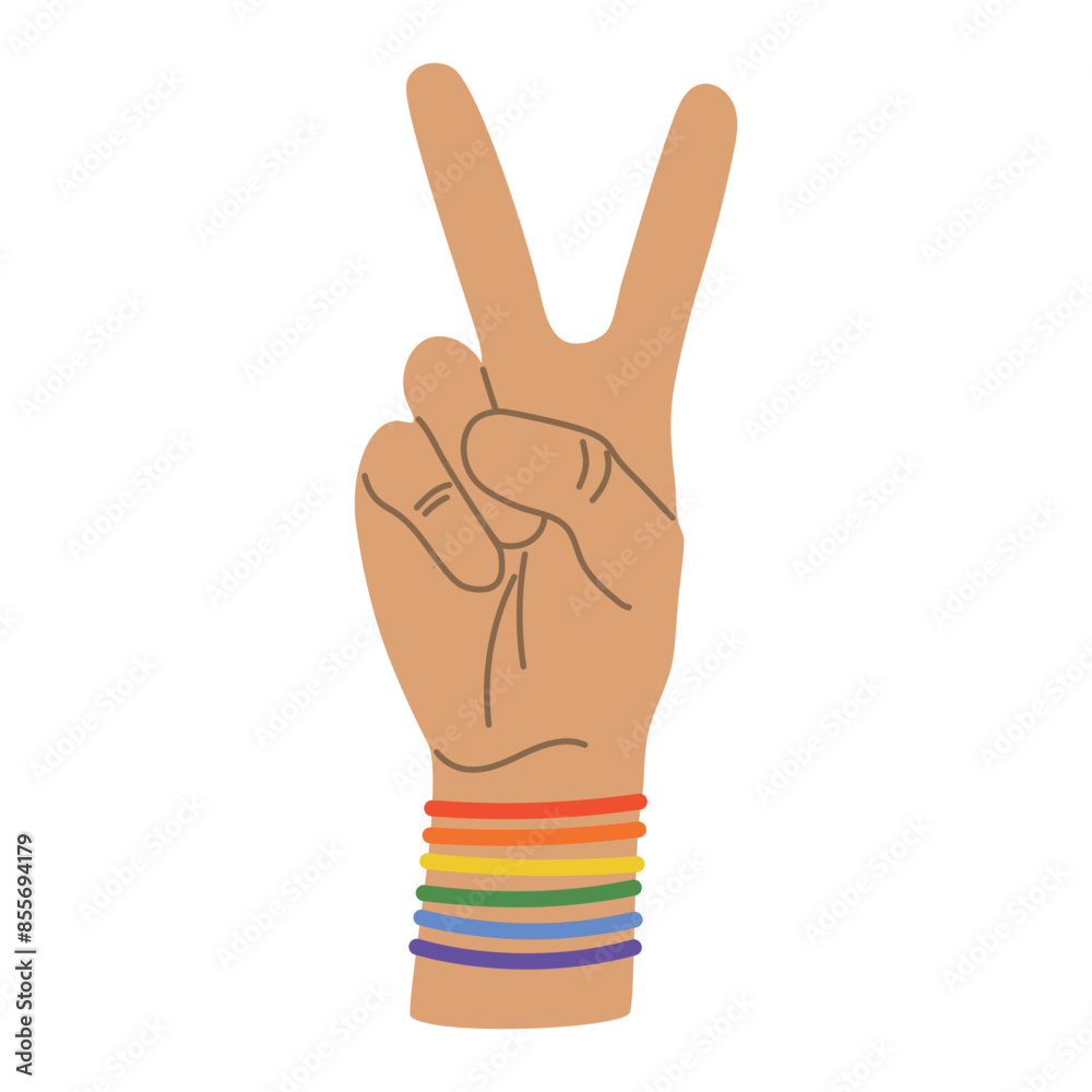 Vector victory hand with rainbow bracelet, victory and peace sign, LGBT ...