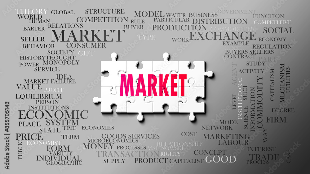 Market as a complex subject, related to important topics. Pictured as a puzzle and a word cloud ...