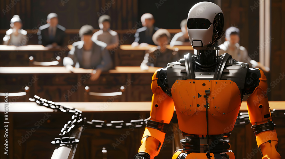 ai robot sentenced in court in orange jumpsuit, chained and seated in a ...