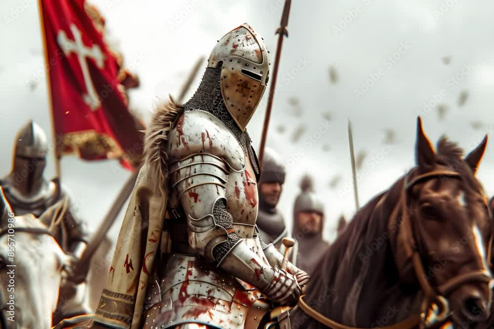 Medieval knights in full armor with flags and horses, ready for battle ...