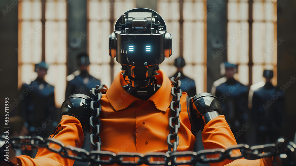 ai robot sentenced in court in orange jumpsuit, chained and seated in a ...