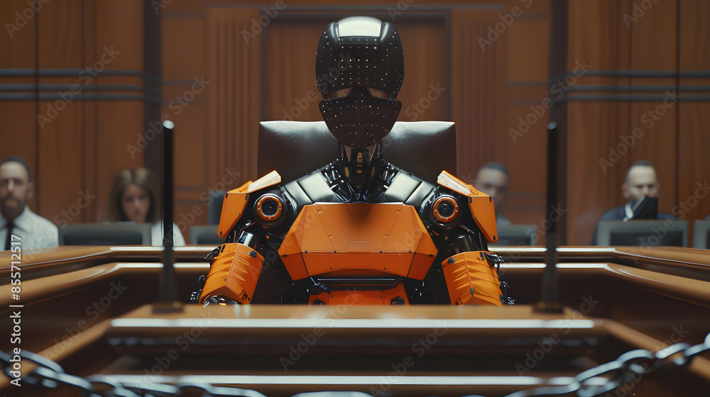 ai robot sentenced in court in orange jumpsuit, chained and seated in a ...