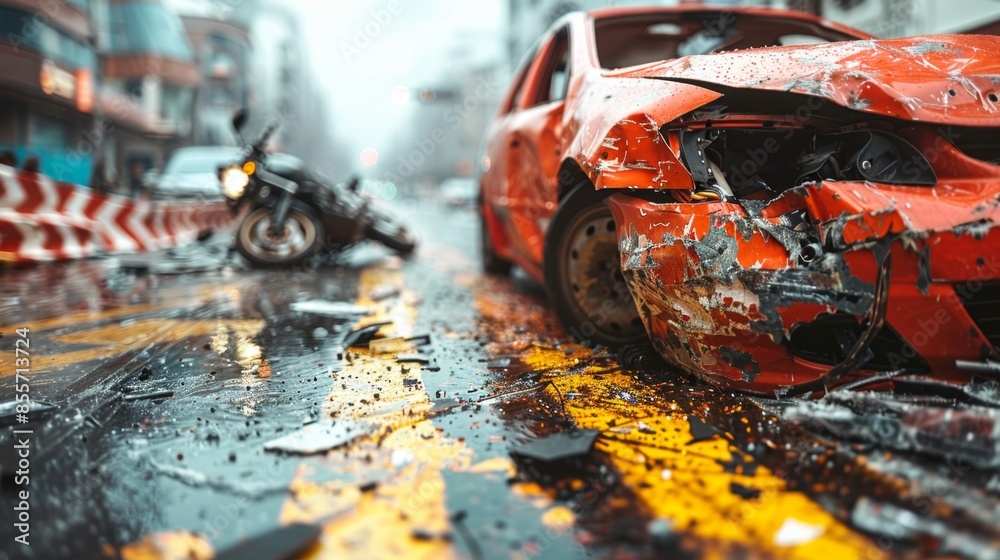 road accident involving a motorcycle and a car on a city street. broken ...
