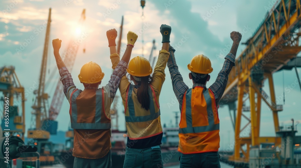 Three construction workers celebrate the completion of a building ...