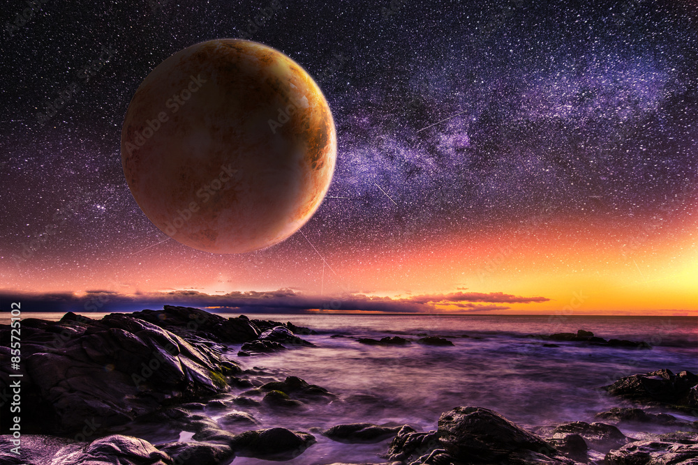 Cosmic scenery of alien worlds during sunset, a beautiful view of dusk ...