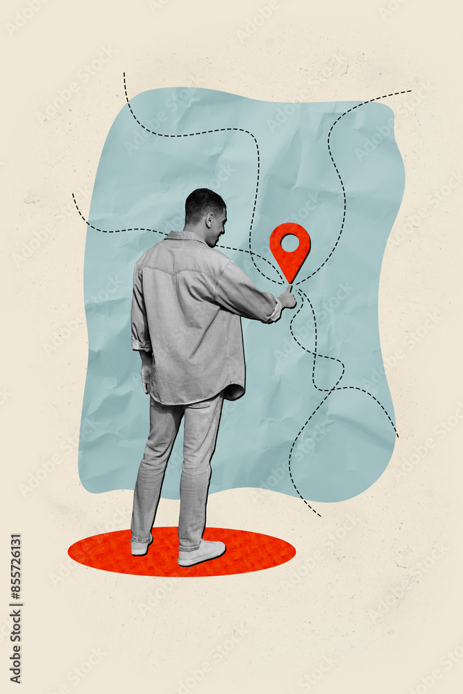 Vertical collage picture young man lost way point finger geo gps ...