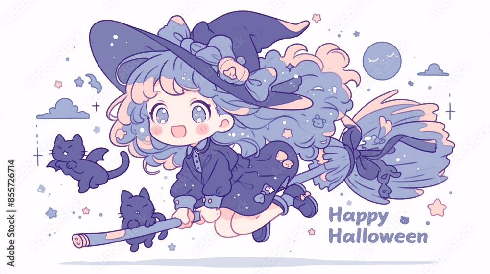 Young witch sitting on her flying broom with her two cats, night sky ...