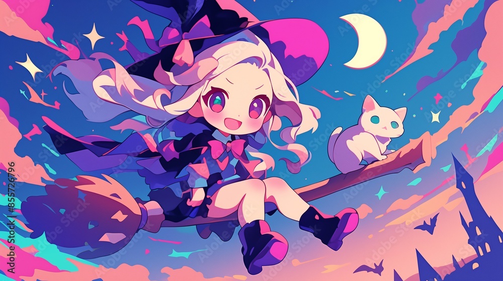 Little witch on her flying broom with her cat, night sky with moon ...
