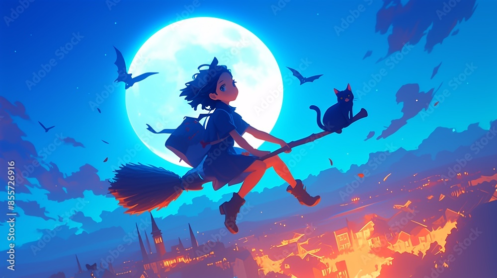 Little witch on her flying broom with her cat, over the city, in a ...