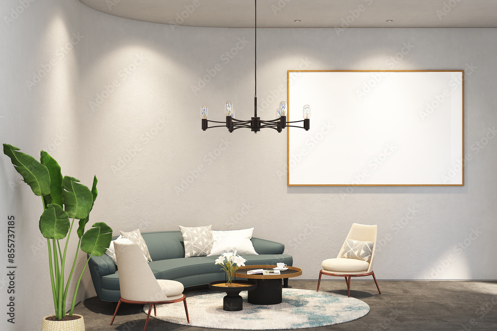 3d render of illustration wall arched corner living room with frame ...