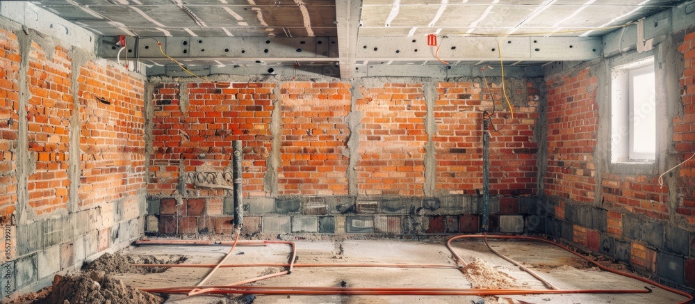 Monolithic brick basement wall. heating pipes lie on floor. New empty ...