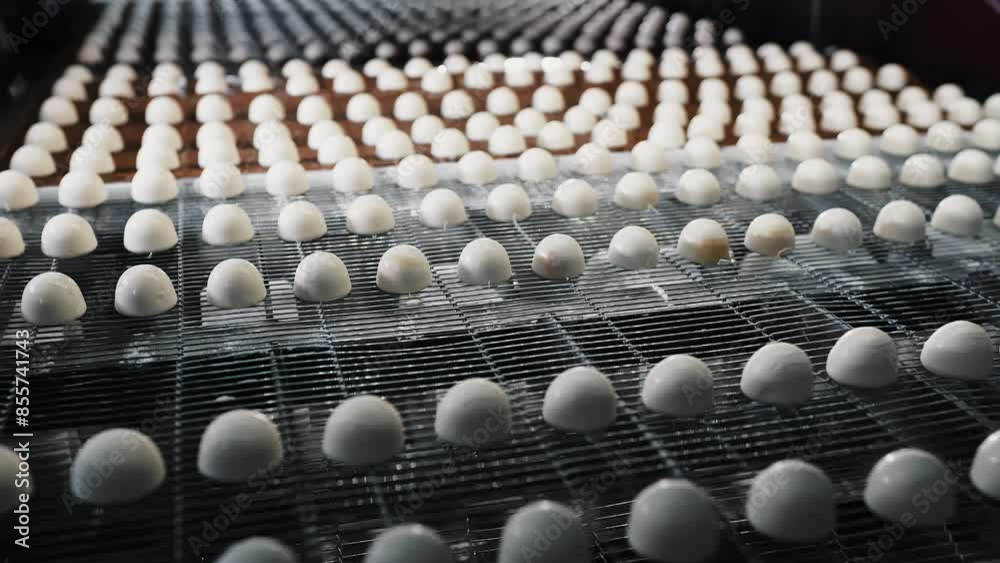 Conveyor belt in a chocolate factory. Candy production. White round ...