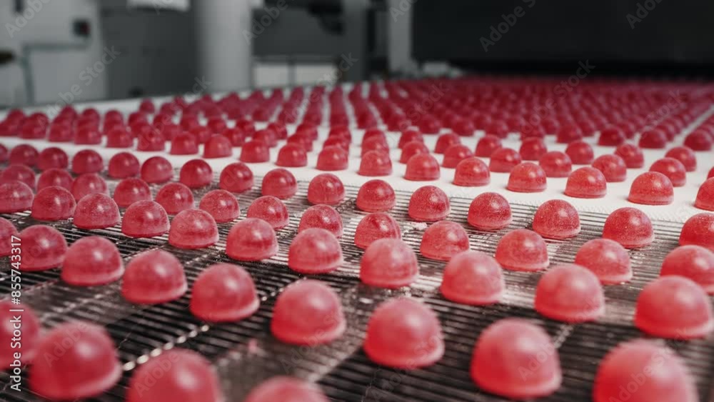 Conveyor belt in a chocolate factory. Candy production. Red round jelly ...