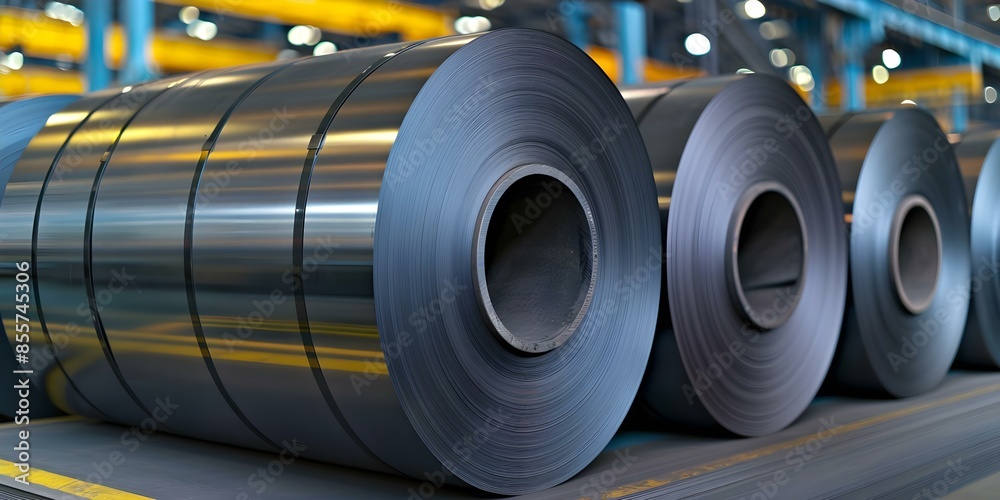 Steel sheet roll in factory warehouse from hot rolled strip steel mill. Concept Manufacturing ...