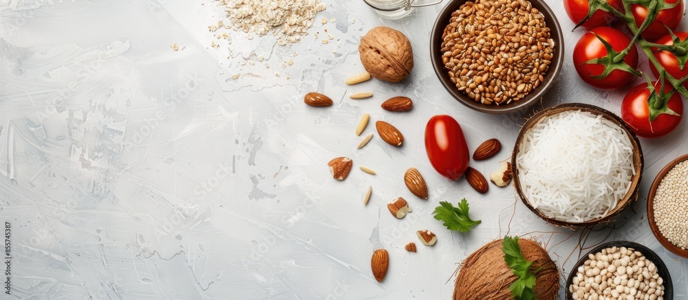 Set of raw materials for cooking and daily meals coffee, tomato, almond ...