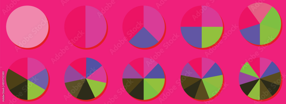 set of colored pie charts for 1,2,3,4,5,6,7,8,9,10 steps or sections to ...