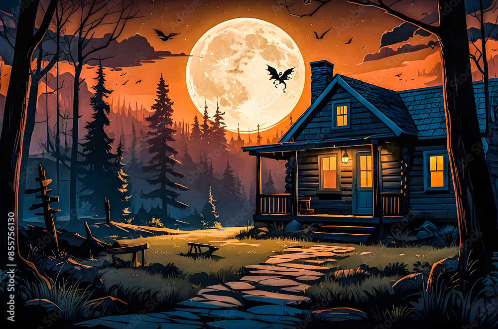 sinister cabin in the woods, illuminated by the moon, with smoke rising ...