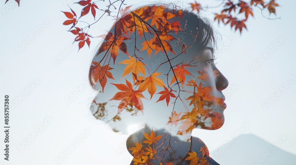 Double exposure image combining a side profile of a woman with vibrant ...