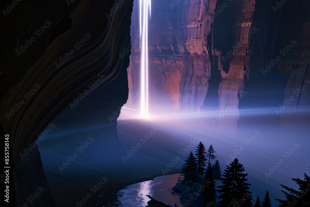 Fantasy mountain waterfall at night with a rainbow and aurora borealis ...