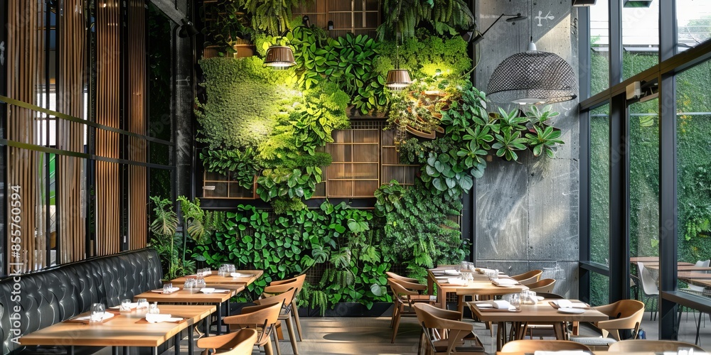 Modern cafe or restaurant with living green wall, biophilic design, and ...