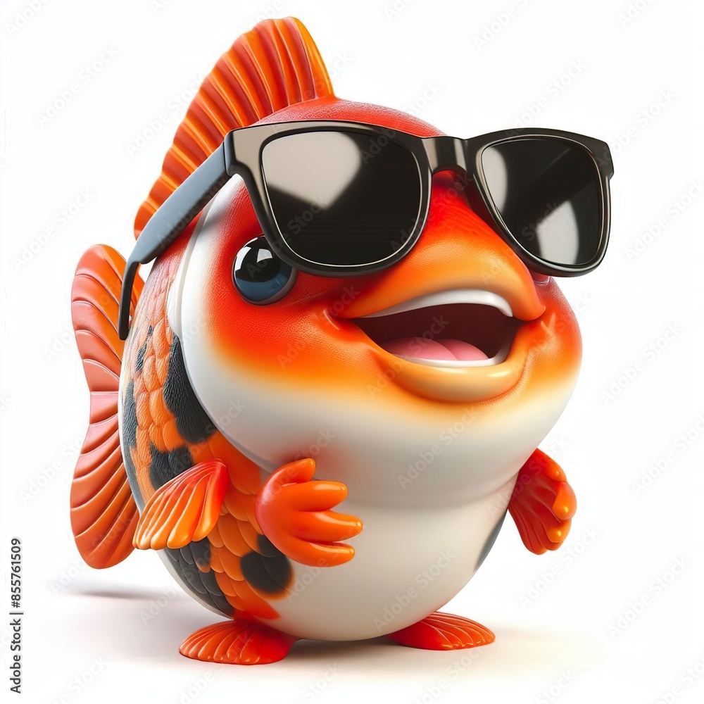 3D cartoon of a Happy Koi fish wearing sunglasses isolated white ...