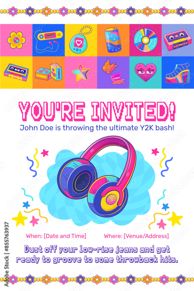Vibrant Y2K themed party invitation featuring retro icons like cassette ...